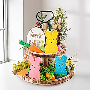 Easter Decor, 3 Pcs Glittery Easter Wooden Signs for Tiered Tray/Mantel/Table Decorations, Style of Peeps with 3D Eyes