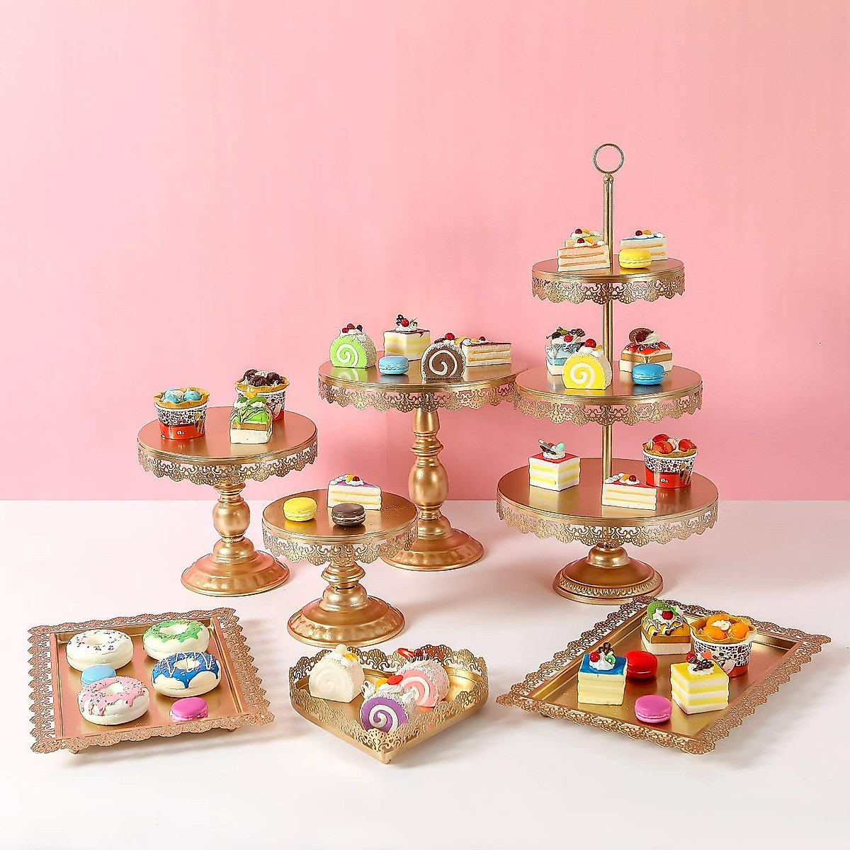 7Pcs Cake Stand and Pastry Trays Metal Cupcake Holder Fruits Dessert Display Plate for Baby Shower Wedding Birthday Party Celebration