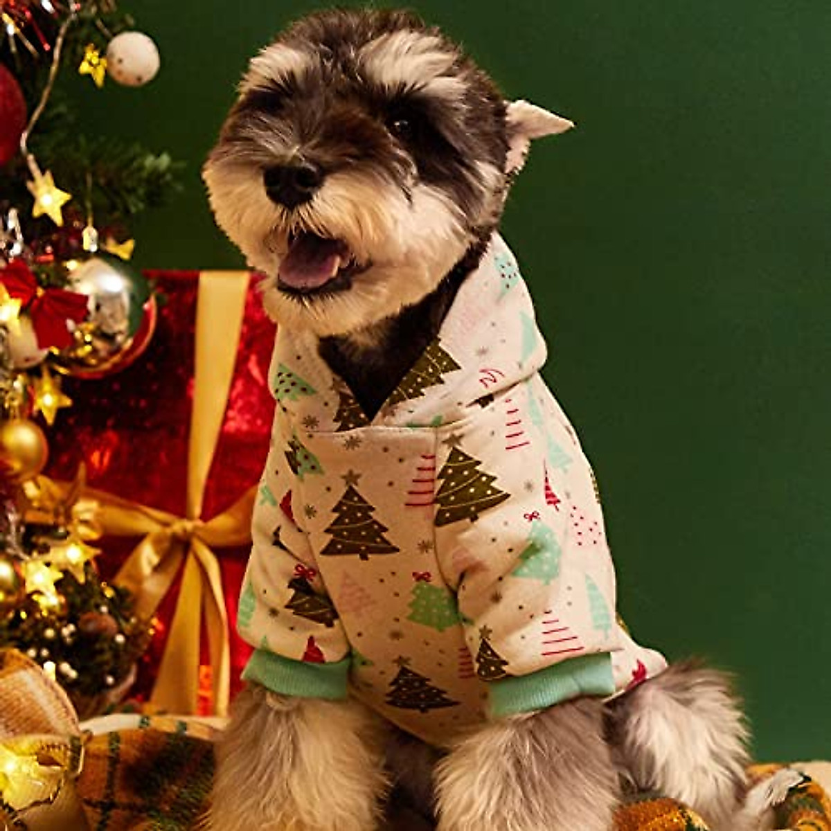 Dog Hoodie, Print on White Odorless Green Christmas Tree Easy to Wear Elastic Dog Sweaters for Winter for Cats S