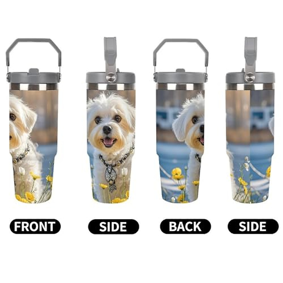 WITHSBKK 30oz Car Cup Maltese Dog Printed with Portable, Stainless Steel Travel Mug, Vacuum Insulated Tumbler And Straw, Leakproof for Car & Outdoor, UV Printed Design