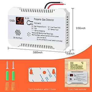 WELLUCK RV Propane Gas Detector with Loud Alarm, LP Propane Alarm Safe Replacement for Camper Trailer Motorhome Motorcoach, 12V, 85dB, Digital, White