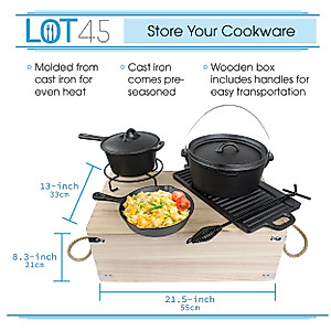 Lot45 Dutch Oven Camping Cooking Set 7pc Cookware - Cast Iron Griddle, 4.5qt Dutch Oven, Frying Pan, 2.5qt Sauce Pan