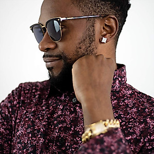 LuReen Mens Earring Silver Gold 11mm Square CZ Stud Earring for Men