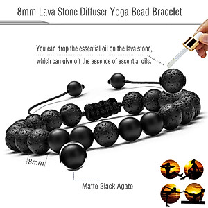 Hamoery Men Women 8mm Lava Rock Aromatherapy Anxiety Essential Oil Diffuser Bracelet Adjustable Natural Stone Yoga meditation relaxation Beads Bracelet Bangle(Matte Black Agate)