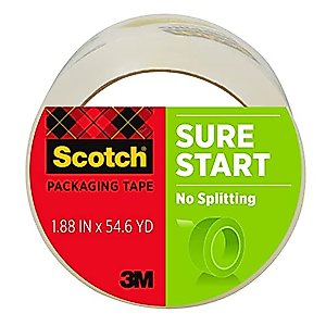 Scotch Sure Start Packaging Tape, 1.88" x 54.6 yd, Designed for Packing, Shipping and Mailing, Quiet Unwind, No Splitting or Tearing, 3" Core, Clear, 1 Roll (345)
