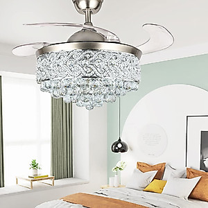 KPIBEST 42 inch Crystal Ceiling Fan with Lights and Remote Control 3 Light Level, Modern Luxury Chandelier Fans Lighting with 3 Speeds and Retractable Blades for Dining/Living Room Bedroom