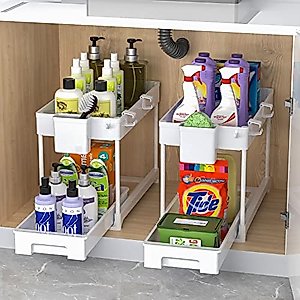 Luyata 2 Pack Under Sink Organizer, 2 Tier Pull Out Under Sink Cabinet Organizer, Sliding out Drawer Basket Storage Organizer Shelf for Kitchen Bathroom, with Hooks, Hanging Cups, Dividers, White