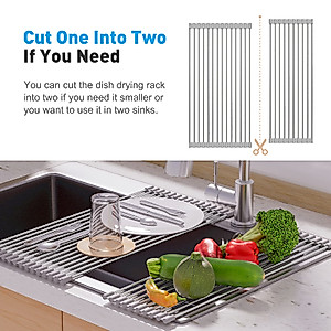 EMBATHER Roll Up Dish Drying Rack Over The Sink, Dish Drying Rack for Kitchen Counter, Multipurpose Stainless Steel Foldable Kitchen Drainer Rack with Silicone Mat, Anti-Slip, (Grey, 20.5"x15")