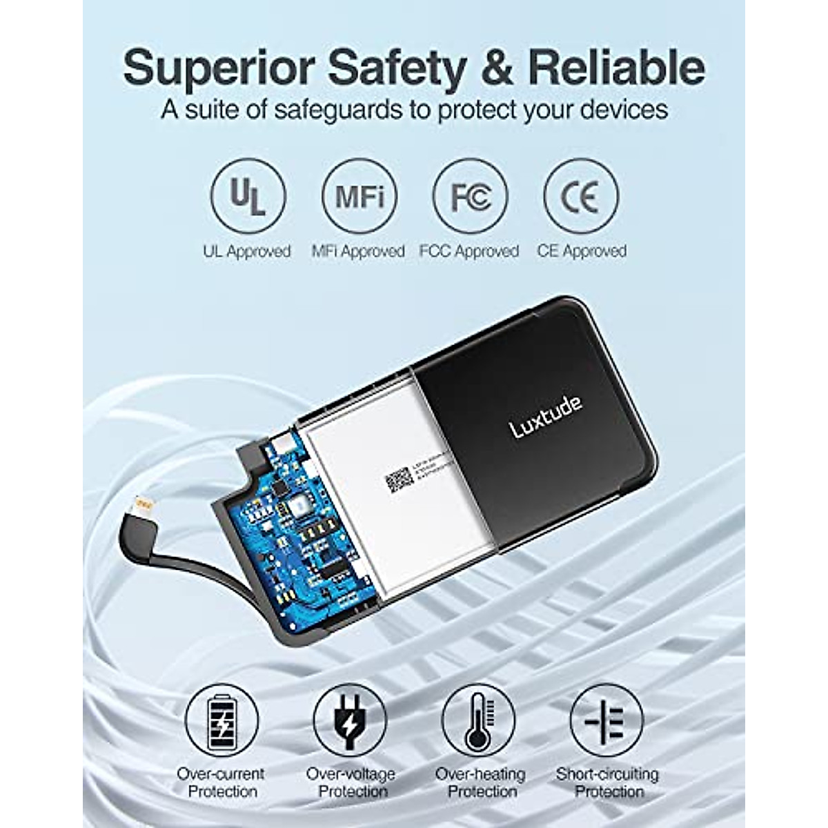 Luxtude 5000mAh Portable Charger iPhone Built in Lightning Cable (MFi Apple Certified), Ultra Slim External Battery Pack, Fast Charge Power Bank for iPhone 14/13/12/11 Pro/X/XR/XS Max/10/8/7/6S etc.