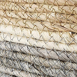 Coastal Grey Stripes 3 Piece Basket Set, Floor and Shelf Organizers, Corn Husk Wicker, Durable Chunky Rope Weave, Handles, Stitched, Reinforced, Rustic Home Decor, Round, 13, 11, 9 Diameter Inches