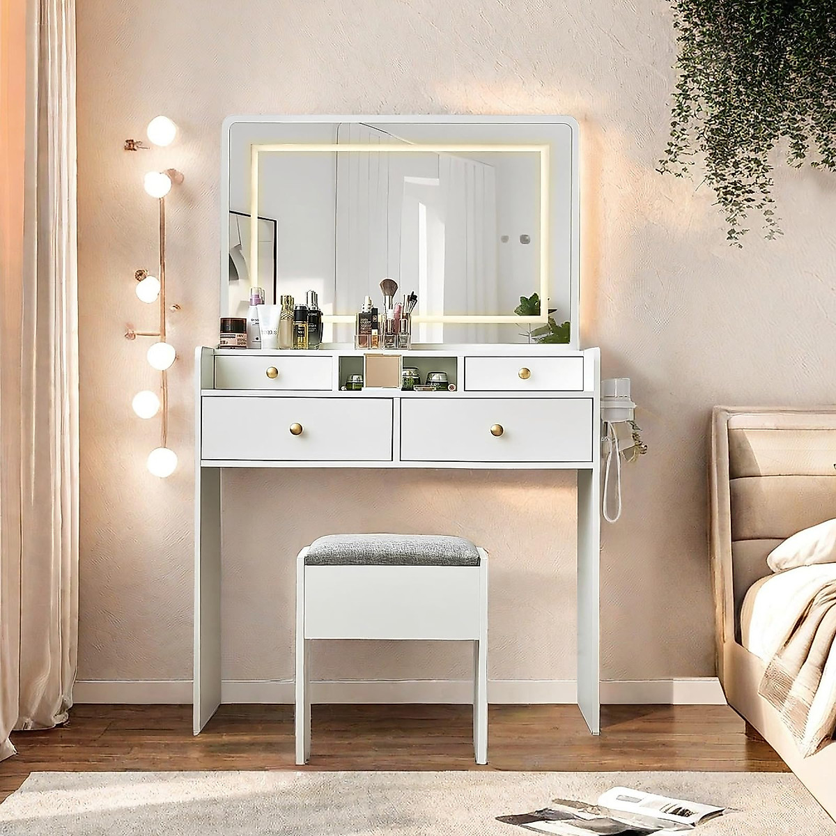JanflyHome Vanity Desk with Mirror and Lights, Makeup Vanity Table with Drawers, Storage Stool, 41" Large Mirror Dressing Table Vanity Set for Girls Women Bedroom, White