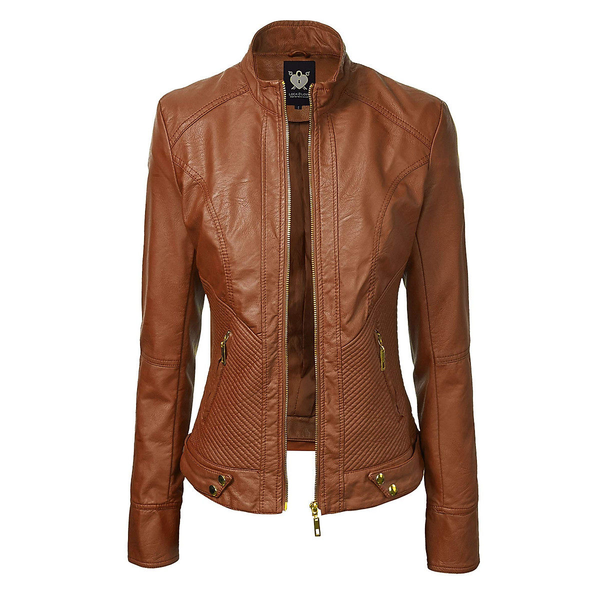 Lock and Love LL WJC747 Womens Dressy Vegan Leather Biker Jacket L Camel