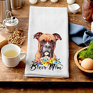 Boxer Mom Floral Waffle Weave Microfiber Kitchen Hand Towel Gift for Dog Lover