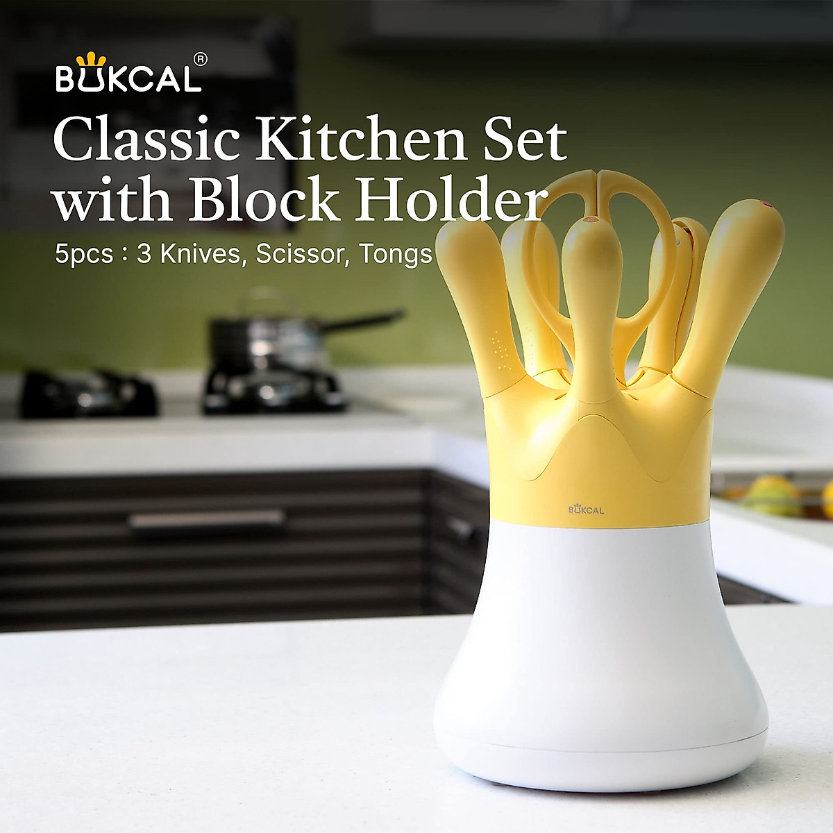 BUKCAL CUTE 5-Piece Kitchen Knife Set with Block (Knives, Shears, Tongs), Stainless Steel Kitchen Set, Ergonomic Handle, Water-Drop Shape Design