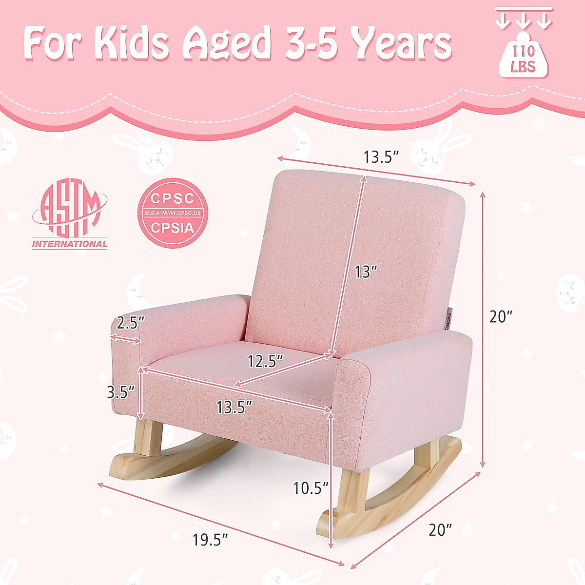 HOMGX Kids Rocking Chair, Toddler Couch with Solid Wood Base & Non-Slip Pads, Durable Linen Fabric Toddlers Sofa, Children Rocker Armchair in Playroom, Nursery, Bedroom