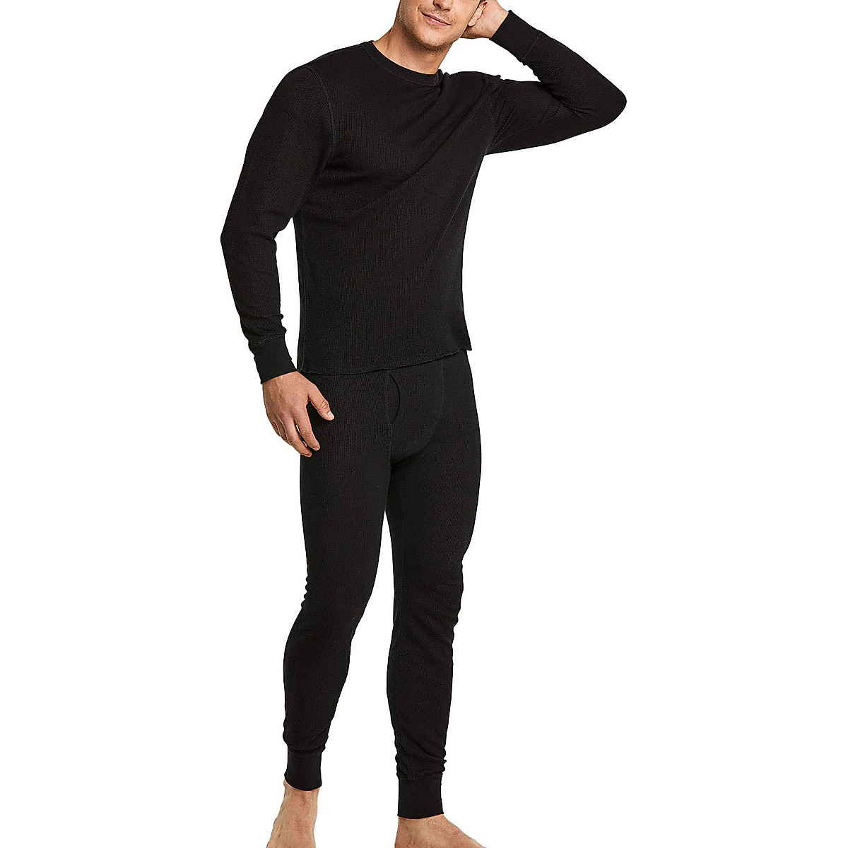 CQR Men's Thermal Underwear Set, Midweight Waffle Knit Thermal Top and Bottom, Winter Cold Weather Long Johns with Fly, Outdoor Black, X-Large