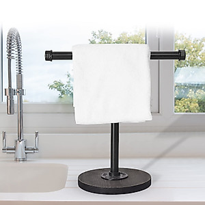 Bathroom Hand Towel Holder Stand T-Shape Industrial Pipe Hand Towel Rack Stand with Heavy Duty Soild Wood Base for Bathroom, Kitchen or Vanity Countertop