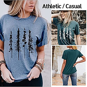 Women Funny Pine Tree Shirt Camping Graphic Short Sleeve Tops Novelty Casual Round Neck Hiking Loose Fit Tshirt,Ink Blue M