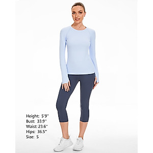 Stelle Women Workout Shirts Seamless Long Sleeve Yoga Tops with Thumb Holes for Sports Running Breathable Athletic Slim Fit Blue