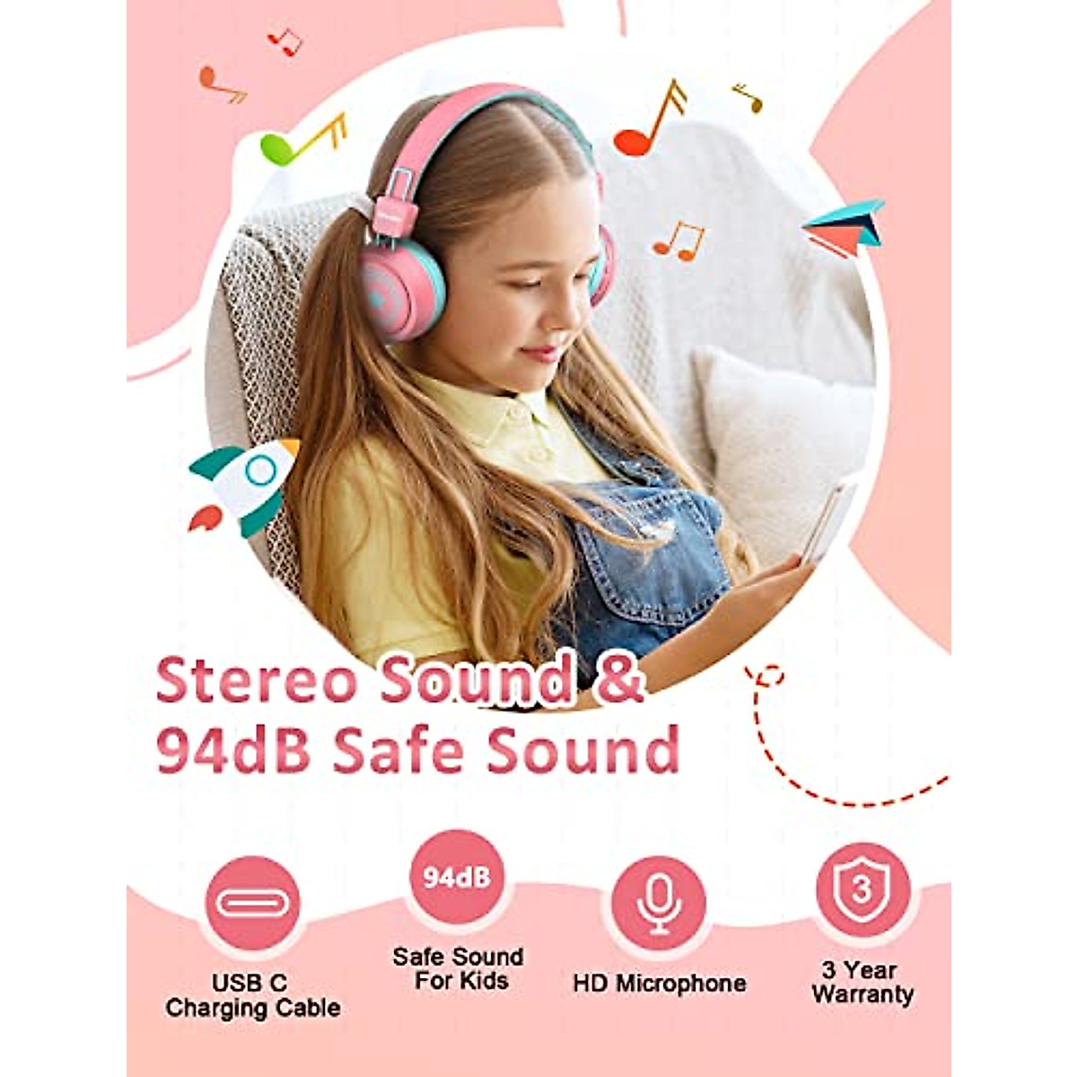 New bee Kids Bluetooth Headphones with Microphone Bluetooth 5.0 Wireless Kids Headphones with 32H Playtime/94dB Volume Limited On Ear Headphones for School/Girls/Boys/iPad/Fire Tablet(Pink)