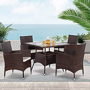 Wisteria Lane 5-Piece Wicker Outdoor Table and Chairs, Patio Dining Set w/Square Glass Tabletop and Umbrella Hole, Patio Table and Chairs Set for Backyard Deck Balcony Front Porch, Brown