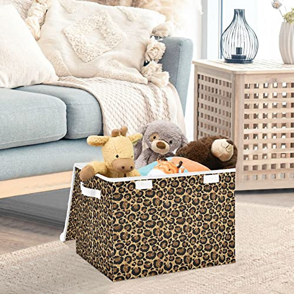 DOMIKING Fashion Leopards Large Storage Bin with Lid Collapsible Shelf Baskets Box with Handles Toys Organizer for Nursery Drawer Shelves Cabinet