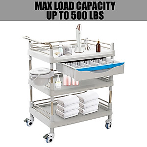 biosp Medical Trolley 3 Tier 500 LBS Heavy Duty Professional Utility Cart Beauty Salon Rolling Trolley with Swivel Casters, Dirt Bucket & Drawer for Hospital Dental Clinic, 38.58'' x 24.41'' x 16.34''