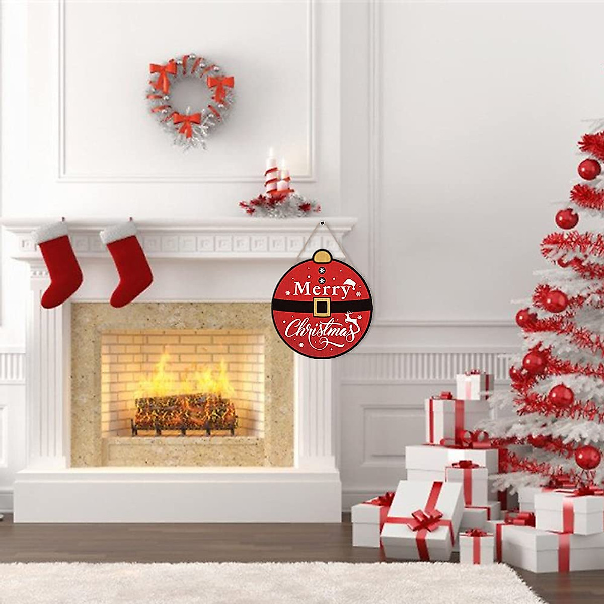 FWIEXA Christmas Door Hanger Decorations, Funny Santa Claus Merry Christmas Door Sign, Round Christmas Wooden Signs for Front Door Home Farmhouse Decor (12''x 11'')