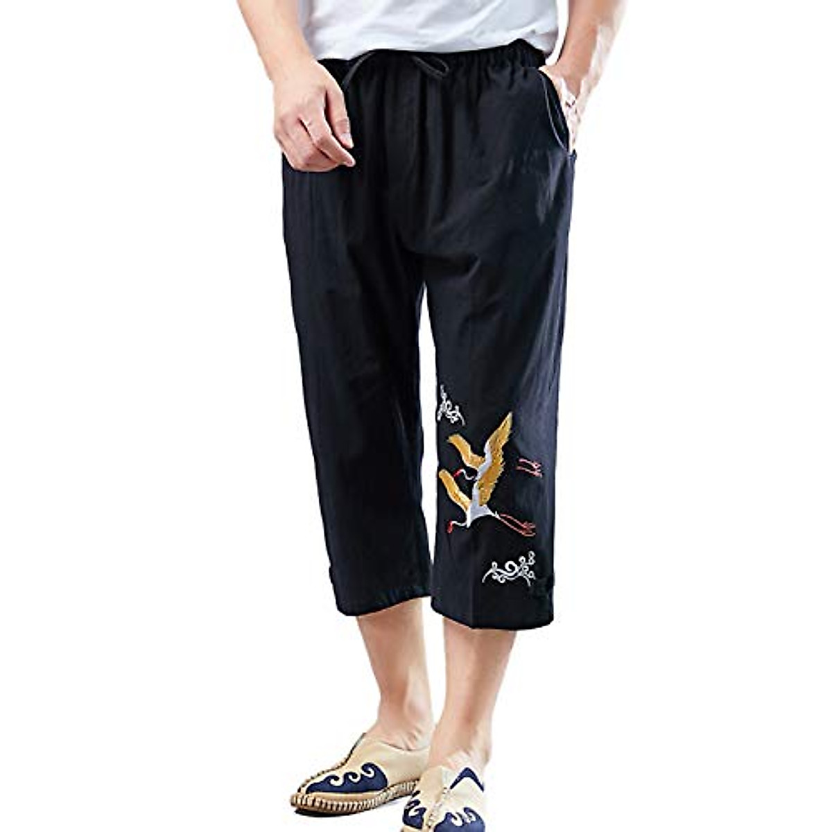LZJN Men's Summer 3/4 Pants Cotton Linen Elastic Waistband Wide Leg Capri Shorts Bermuda Lounge Trousers with Embroidery (MF-138 Black, One Size)