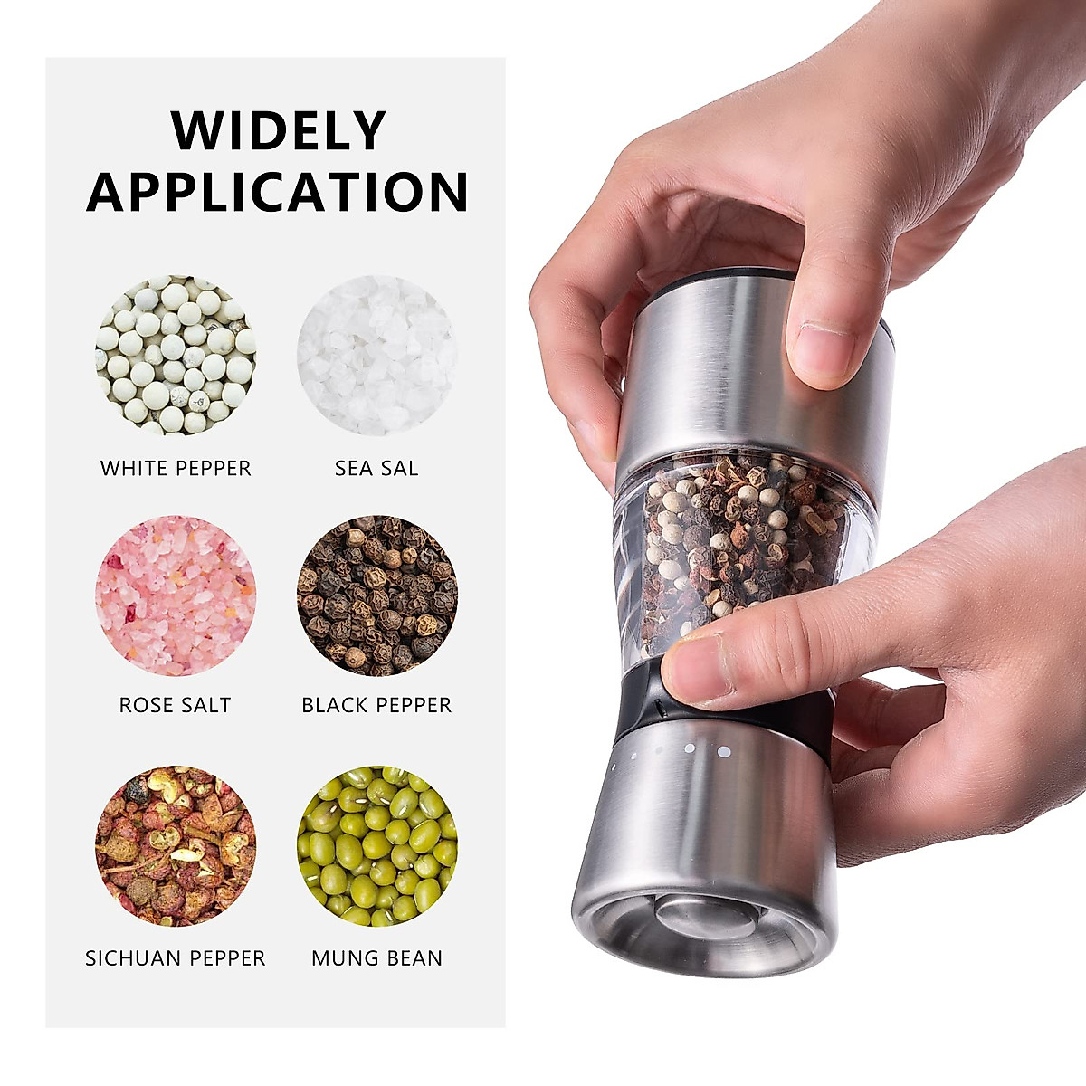 Pepper Grinder, Professional Refillable Pepper Mill with 5 levels Adjustable Coarse Mills, Salt Grinder Stainless Steel Sea Salt &amp; Spice Shakers