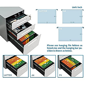 3-Drawer Mobile File Cabinet with Lock, Office Storage Filing Cabinet for Legal/Letter Size, Pre-Assembled Metal File Cabinet Except Wheels Under Desk (White+Gray)