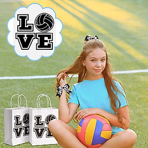 18 Pcs Volleyball Party Treat Bags Volleyball Goody Treat Bag with Handle Black Volleyball Paper Bag Kraft Goodie Candy Bags for Sport Theme Birthday Party Decor (White Backing,Love Style)