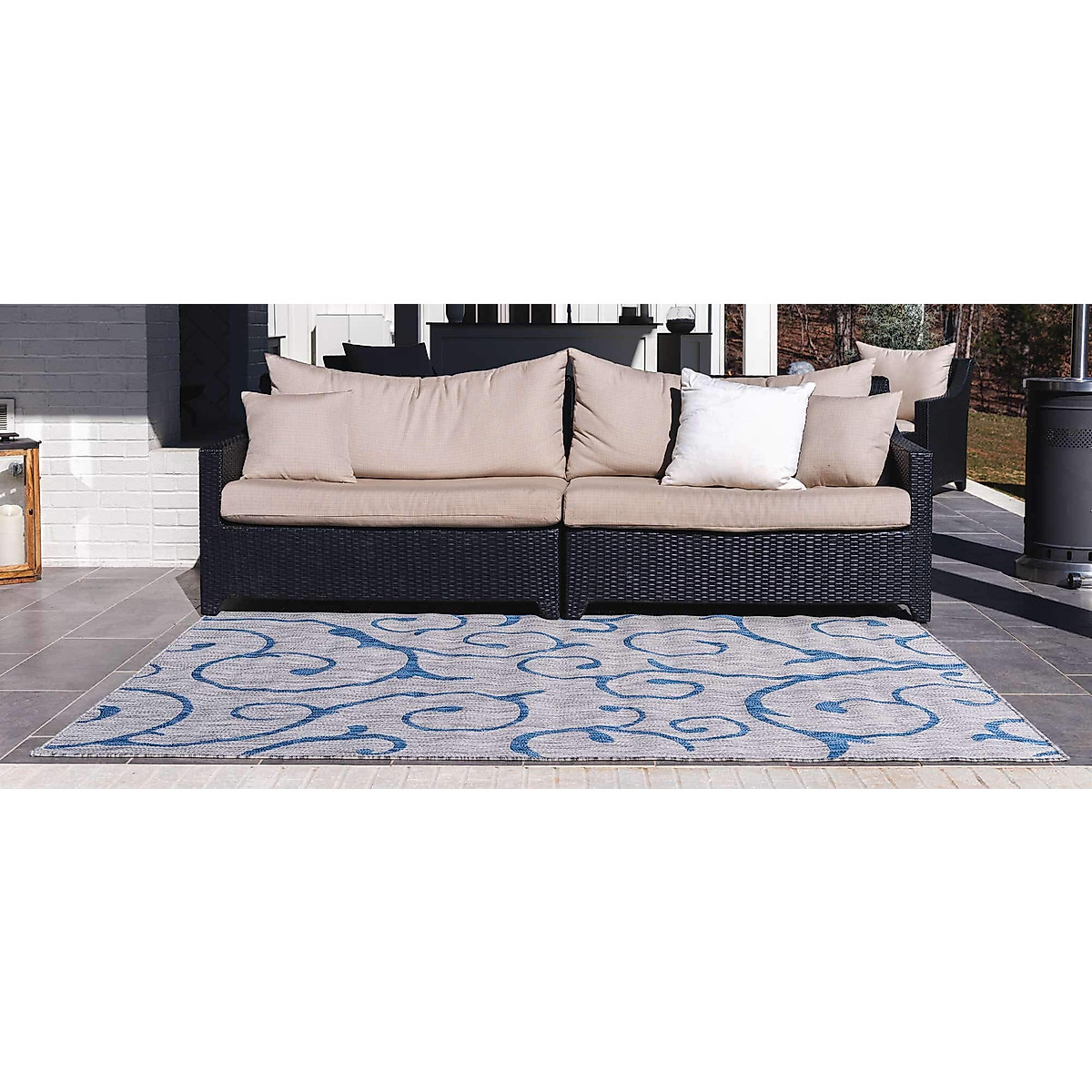 Unique Loom Outdoor Botanical Collection Area Rug - Curl (7' 1" x 10' Rectangle, Gray/ Navy Blue)