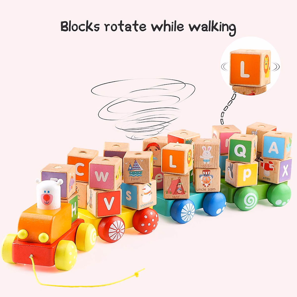 Garlictoys ABC Wooden Block Cart Sorting Stacking, Wood Alphabet Blocks Building Games Montessori Preschool Learning Educational Toys for Baby Stacking.Great Gift for Girls and Boys for 3+ Years Olds.