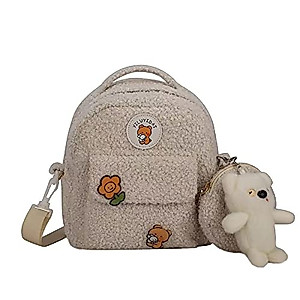XINBOO Kawaii Fluffy Mini Backpack for Girls Soft Plush Bag Women's Aesthetic Fuzzy Backpack with Furry Purse (Beige)