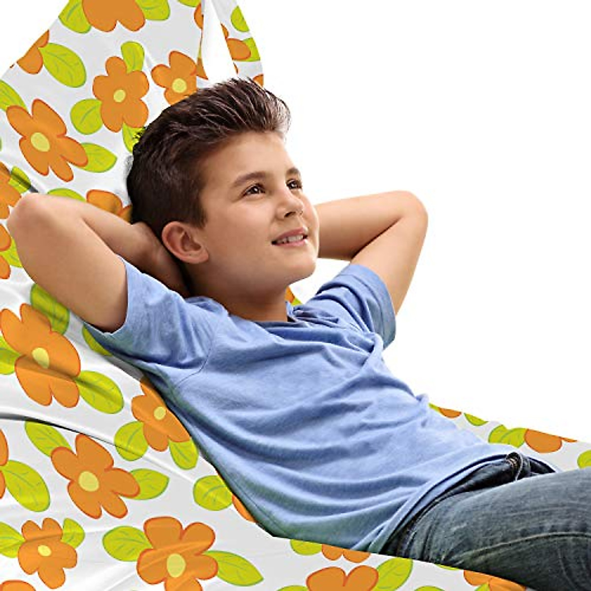 Ambesonne Orange Lounger Chair Bag, Theme Girlish Pattern with Doodle Flowers and Green Leaves, High Capacity Storage with Handle Container, Lounger Size, Apple Green Orange