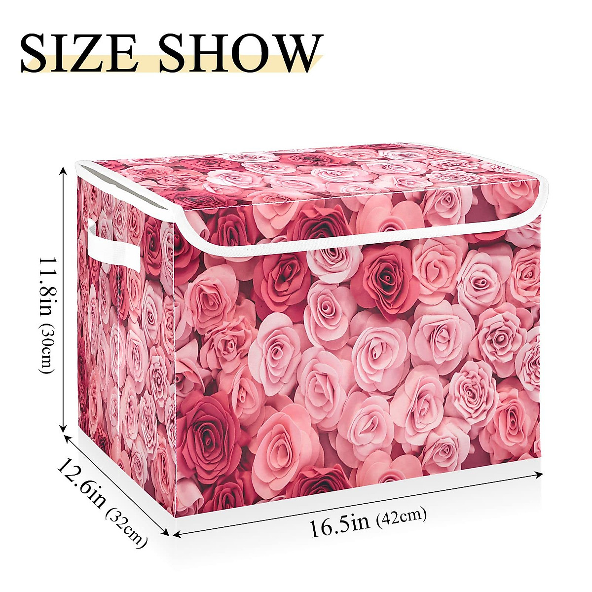 Vnurnrn Collapsible Storage Bins with Lids, Pink Roses Foldable Storage Boxes, Storage Box Cube with Lid for Clothes,Bedroom,Toys,16.5x12.6x11.8 Inch