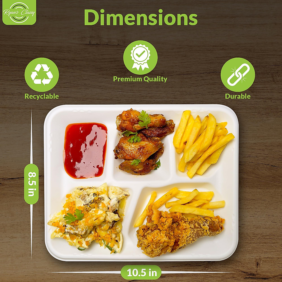 Ryan's Classy Plastic 5 Compartment Plates Disposable, 125 Pack Heavy-Duty Paper Plates with Compartment 10.5 x 8.5 inches Asian Plates Microwave Freezer Safe, Eco-Friendly School Lunch Trays