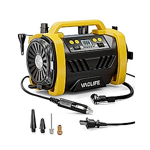 VacLife Tire Inflator Portable Air Compressor - 12V DC/120V AC Car Tire Pump for Air Mattress Beds, Boats with Inflation and Deflation Modes, Dual Powerful Motors, Model: ATJ-6588, Yellow (VL758)