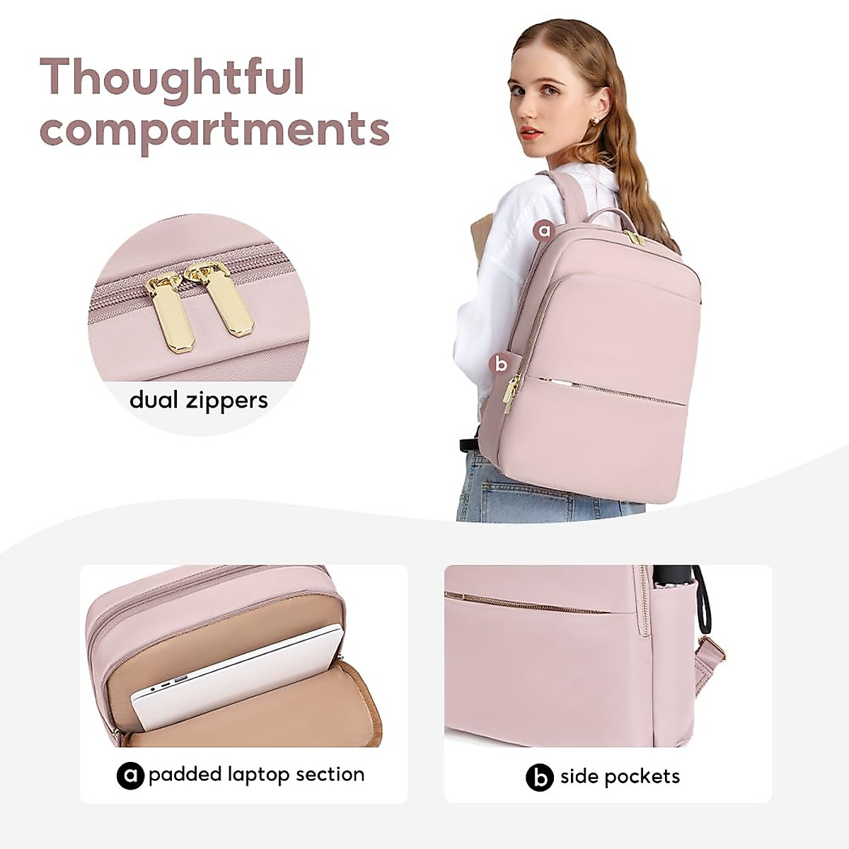 FULL DESIGN Travel Laptop Backpack for Women, 14 inch Water Resistant Computer Backpack, Fashion Daypack Shoulder Bag for Work College (Pink)