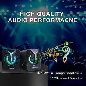 RECCAZR Computer Speakers, 2.0CH PC Speakers with RGB Lights, in-line Volume Control, 6W USB Powered Stereo Desktop Speakers with 3.5mm AUX for PC/Laptop/Projector/Tablet/Cellphone