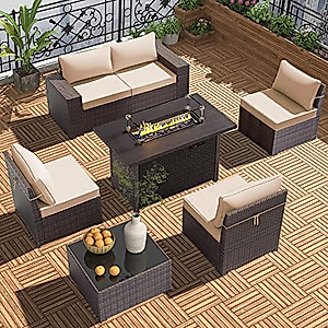 Grezone Patio Outdoor Furniture Sets with Fire Pit Table 7 Piece All Weather Wicker Conversation Sectional Sofa Couch Lawn Sectional Furniture with Washable Couch Cushions and Wicker Table, Beige