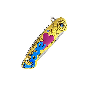 Falcon 7" Heart Rose Engraving Handle Cupid Heart Pocket Knife With LOVE Belt Clip 440 Stainless Steel Drop Point Blade