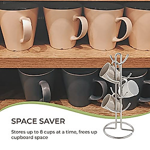 MARTINO CLUB Large 8 Holder, Mug Tree, Mugs & Tea Cup Storage Rack, Coffee Counter Bar Accessory & Kitchen Countertop Organizer, Chrome. Gift Box