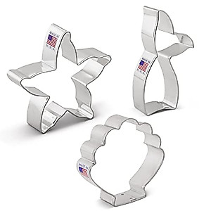 Mermaid Ocean Cookie Cutters 3-Pc Set Made in USA by Ann Clark, Mermaid Tail, Starfish, Seashell