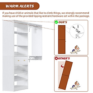 Closet System with Drawer - Reversible 5FT Wood Closet Organizer System with 2 Hanging Rods and Adjustable Shelf, Walk In Closet Organizers with Shoe Rack, Built-In Garment Rack Clothes Rack, White