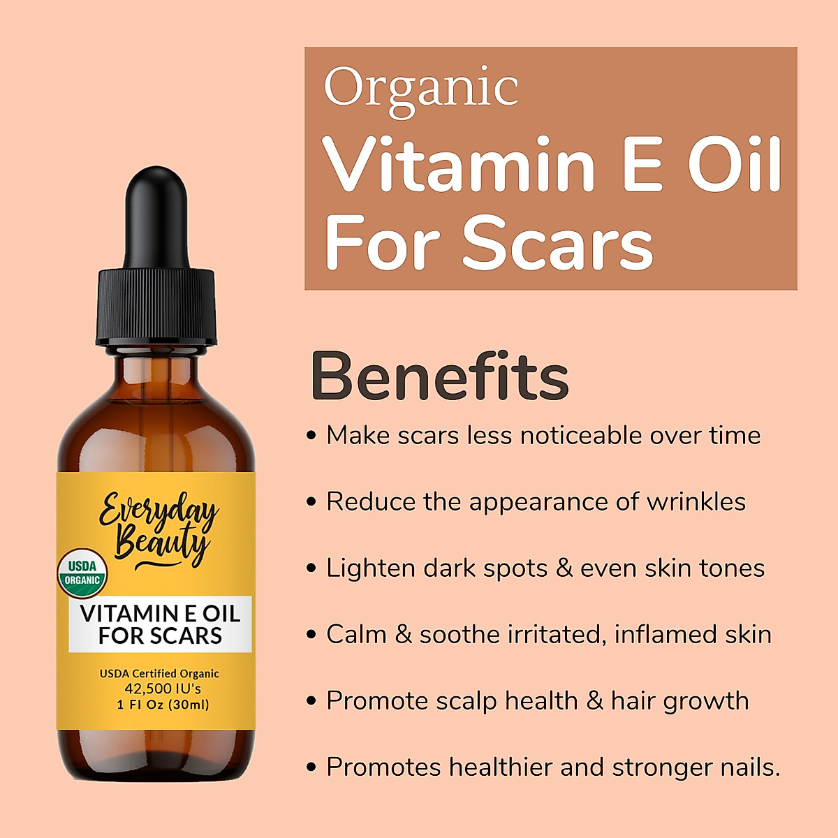 Organic Vitamin E Oil for Scars - All Natural & Vegan Skin Moisturizer 1oz - Light and Unscented Great for Scars After Surgery - Reduce Wrinkles, Anti Aging, Lighten Dark Spots - Face, Skin & All Over