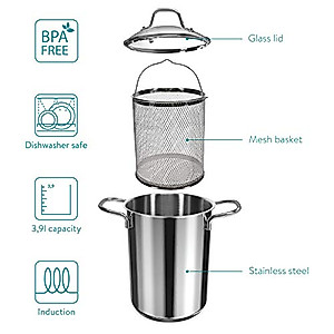 Navaris Asparagus Pot - Stainless Steel Asparagus Vegetable Steamer Spaghetti Pasta Stovetop Cooker with Removable Basket and Lid - BPA Free - 4.1 Qt