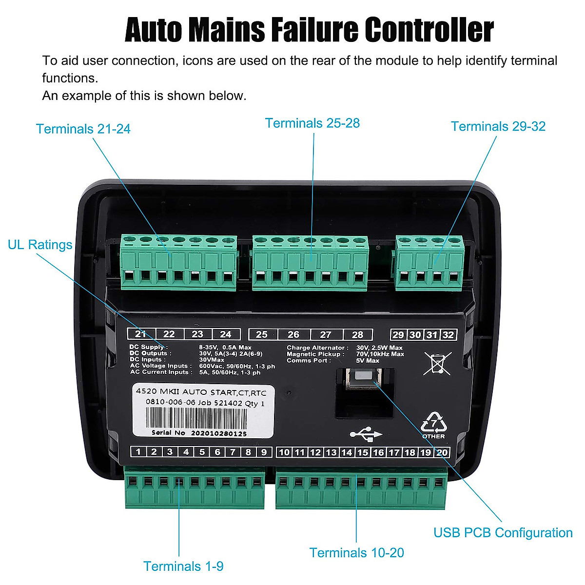 Eujgoov Auto Mains Failure Control Module Generator Controller Self-Starting LCD Protection Controller DSE4520 Industrial Supplies