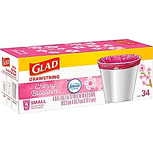 Glad OdorShield Small Drawstring Trash Bags, 4 Gallon Trash Bag, Febreze Cherry Blossom, 34 Count (Package May Vary)